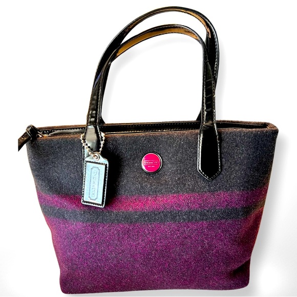 Coach | Bags | Coach Signature Wool Stripe Purse Charcoal Passion Berry ...
